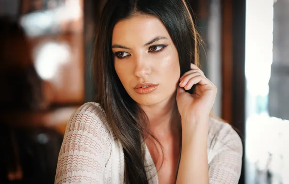 Download wallpaper girl, face, pose, hand, portrait, brunette, long ...