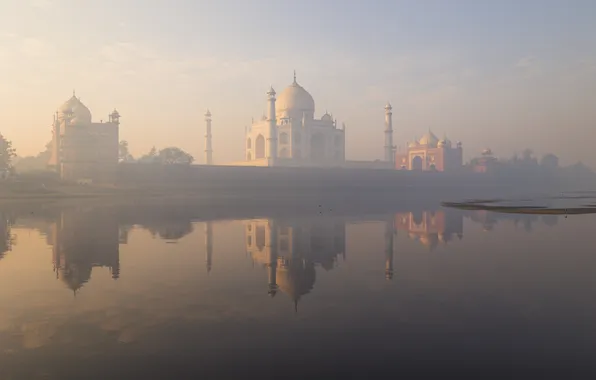 Wallpaper the sky, light, fog, reflection, dawn, morning, India, Taj ...