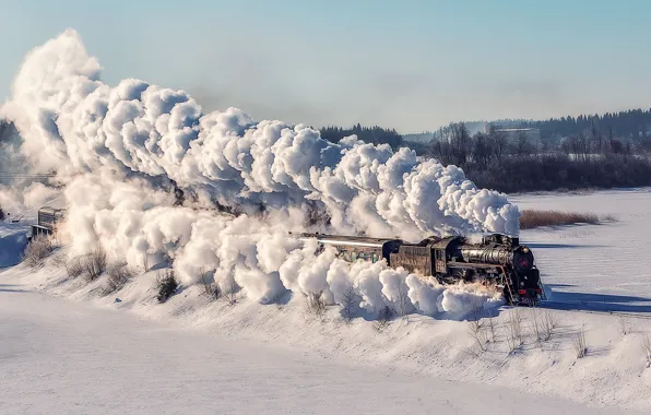 Download wallpaper sky, nature, Steam Train, winter, snow, train ...