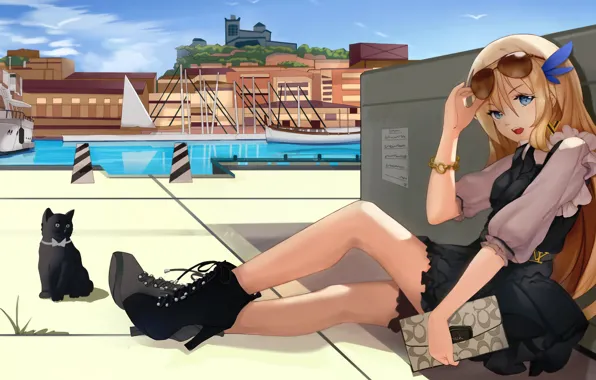 Wallpaper roof, cat, girl, heels for mobile and desktop, section арт ...