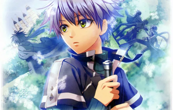 Wallpaper snowflakes, castle, boy, cloak, green eyes, visual novel ...