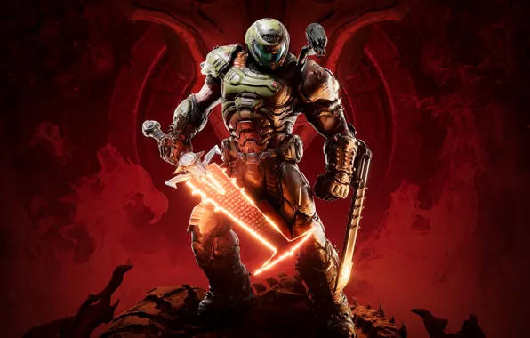 Download wallpaper soldiers, bones, skull, armor, red background, DOOM ...