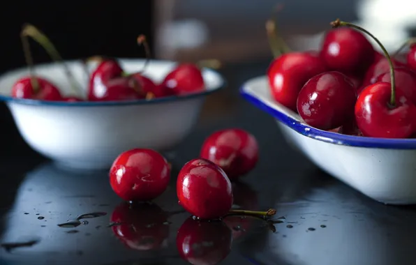 Wallpaper drops, cherry, table, blue background, cherry, bowls for ...