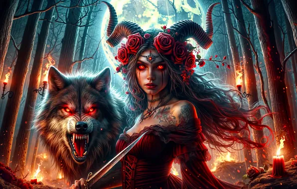 Wallpaper forest, girl, wolf, roses, the demon, horns, blade for mobile ...