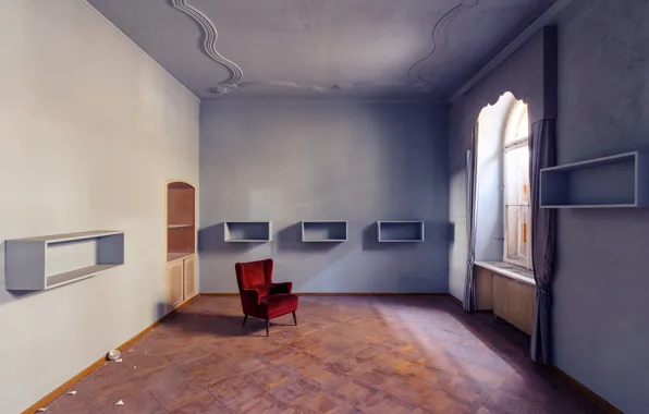 Wallpaper red, blue, window, bedroom, sunlight, armchair for mobile and ...
