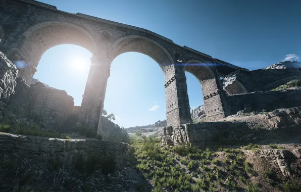 Wallpaper grass, the sun, bridge, channel, Battlefield V for mobile and ...