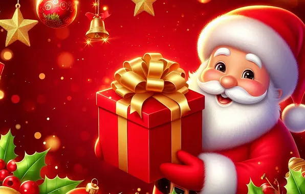 Wallpaper balls, gift, Christmas, New year, Santa Claus, red background ...