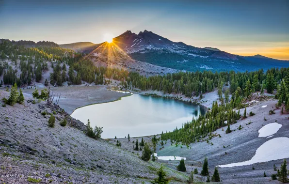 Wallpaper Sky, Snow, Dawn, Mountains, Lake, Pine for mobile and desktop ...