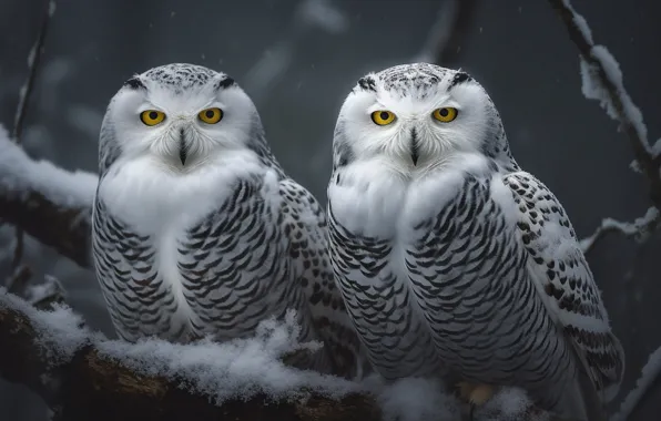 Wallpaper winter, look, snow, birds, branches, owl, bird, portrait ...