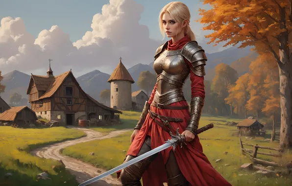 Wallpaper autumn, girl, landscape, sword, fentezi for mobile and ...