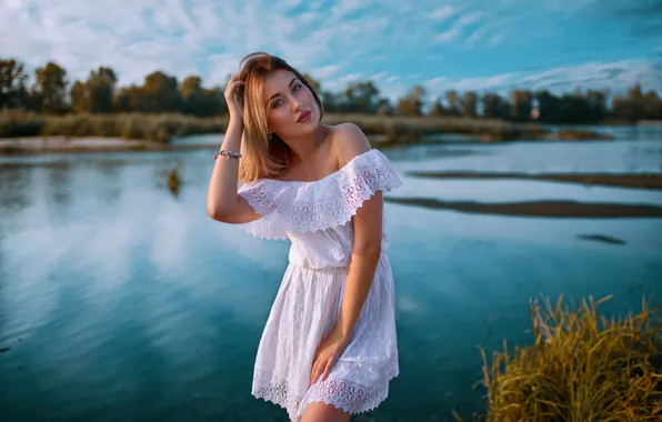 Download wallpaper forest, look, girl, nature, lake, dress, pond ...