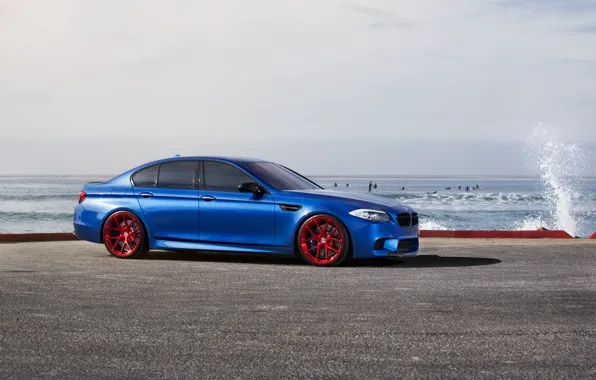 Wallpaper sea, blue, BMW, BMW, red, red, wheels, drives, side view, f10 ...