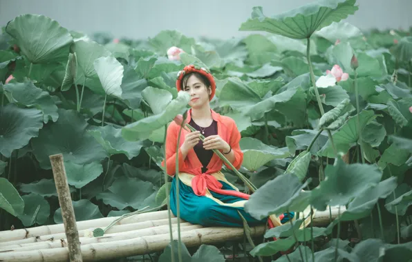 Wallpaper Flowers Smile Foliage Plants Asian Beautiful Girl Asian