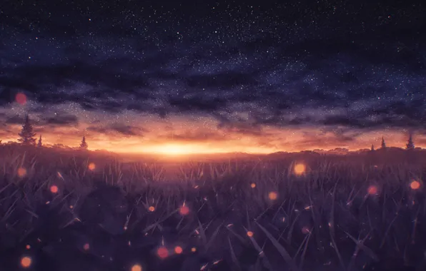 Wallpaper sunset, nature, fireflies for mobile and desktop, section арт ...