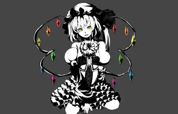 Wallpaper grey background, red eyes, on my knees, flandre scarlet ...