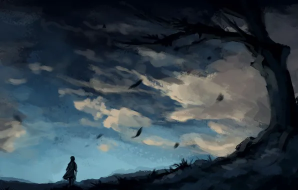 Download wallpaper the sky, clouds, tree, the wind, people, art ...