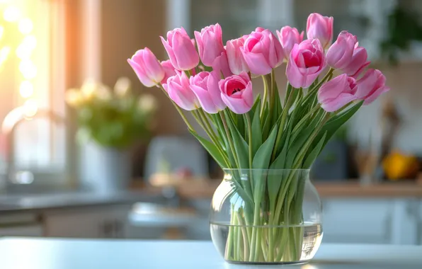 Wallpaper flowers, table, bouquet, tulips, vase, pink, bokeh, AI art for mobile and desktop ...