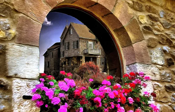 Download wallpaper Flowers, Figure, Wall, House, Arch, Art, Art ...