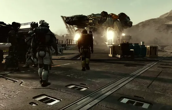 Download wallpaper people, flame, ship, the suit, landing, engines ...