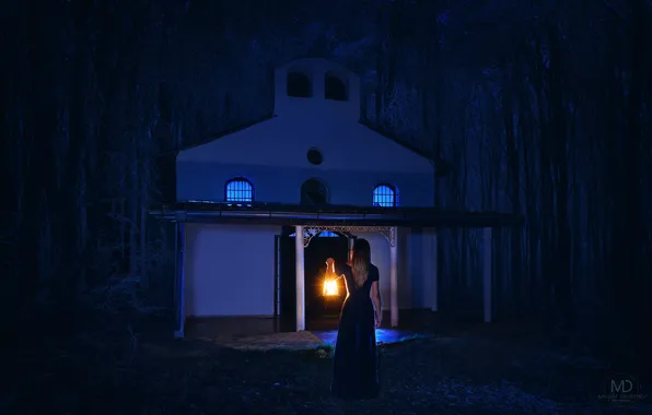 Wallpaper Milen Dobrev, chapel, night, girl, lantern, forest for mobile ...