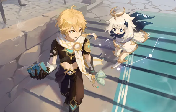 Download wallpaper children, ladder, Aether, Genshin Impact, Paimon ...