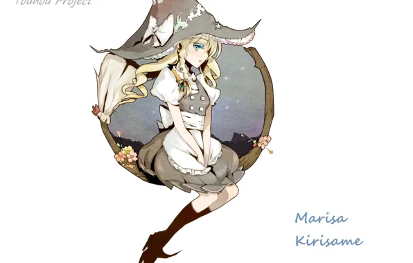 Wallpaper boots, white background, broom, sitting, touhou, art, pigtail ...