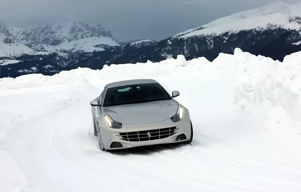 Wallpaper winter, road, the sky, snow, mountains, supercar, Ferrari ...