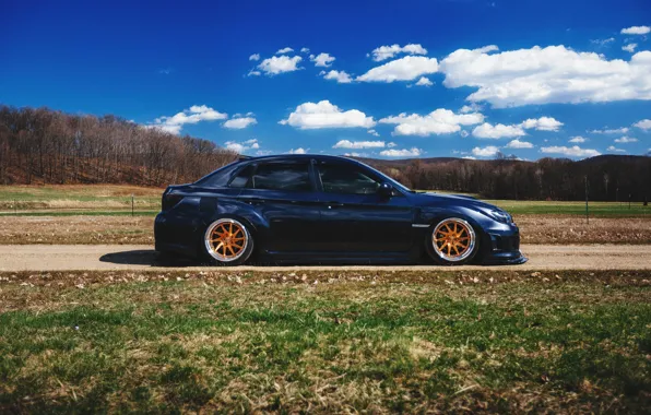 Wallpaper road, field, grass, shadow, Subaru, wheel, WRX, side images ...