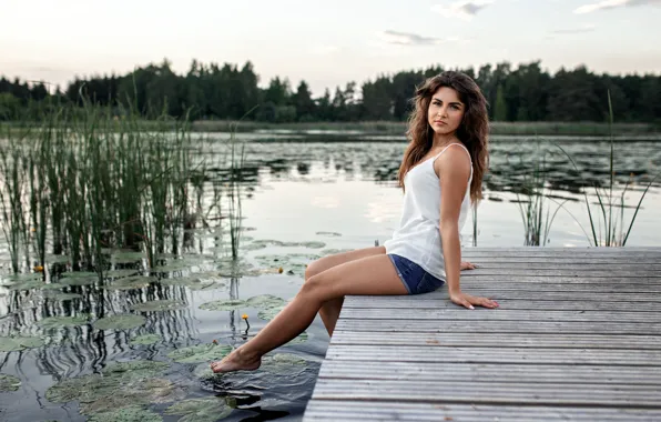 Download wallpaper summer, girl, pose, river, hair, the evening, legs ...