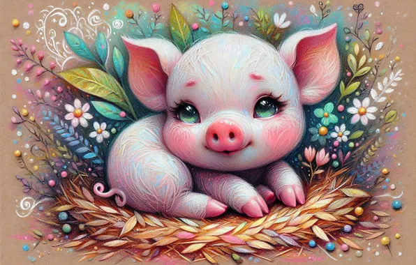 Wallpaper flowers, styling, cub, pig, pig, pig, AI art, neural network ...