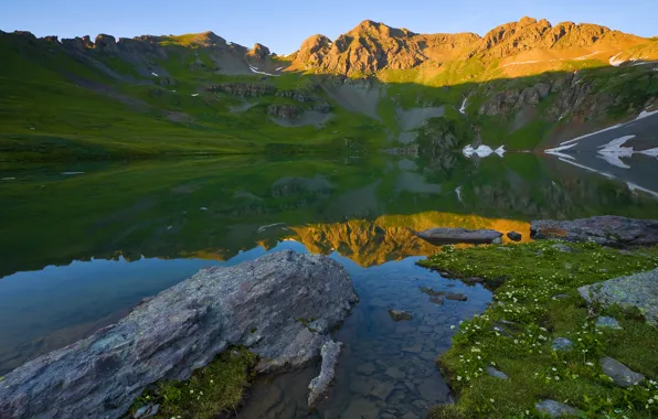 Wallpaper greens, light, flowers, mountains, lake, reflection, stones ...