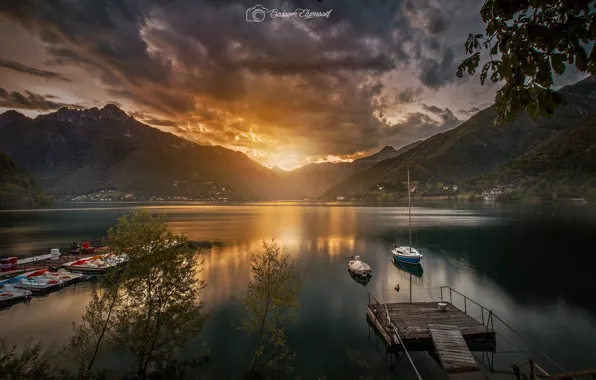 Wallpaper sunset, mountains, lake, pier, Bassem Elyoussef for mobile ...