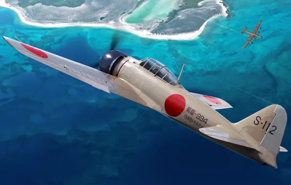 Wallpaper figure, fighter, art, Mitsubishi, Zero, A6M, Japanese light ...