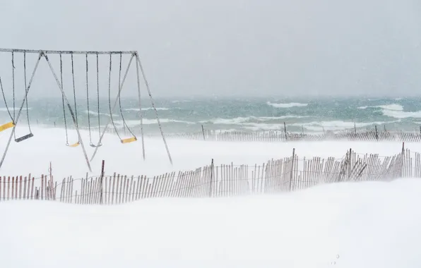 Wallpaper winter, sea, beach, storm, swing, shore for mobile and ...