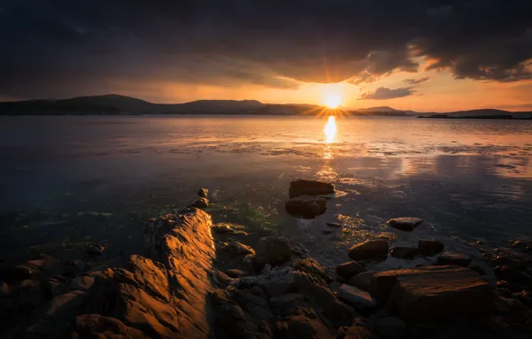 Wallpaper sunset, lake, stones, hills, Georgi Mitev for mobile and ...