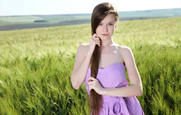 Wallpaper long hair, field, nature, Emily, model, brunette, gorgeous ...