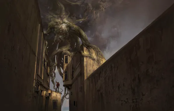 Wallpaper field, grass, figure, people, monster, being, fantasy, art ...