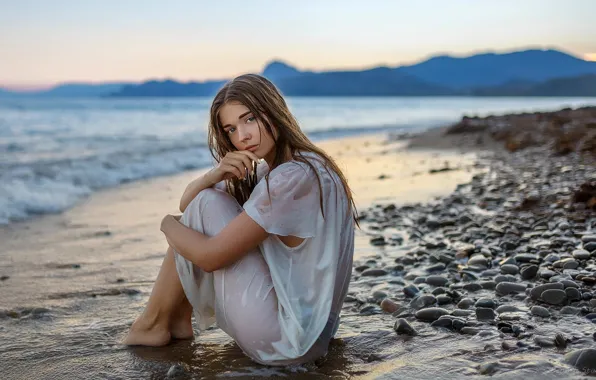 Wallpaper wave, beach, water, shore, hair, Girl, wet, Kate, sitting ...