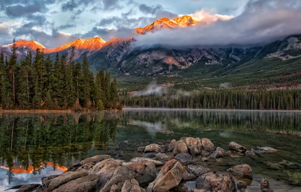 Wallpaper forest, clouds, trees, sunset, mountains, lake, stones ...