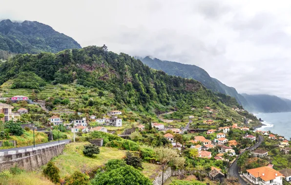 Download wallpaper sea, forest, clouds, mountains, rocks, coast, home ...
