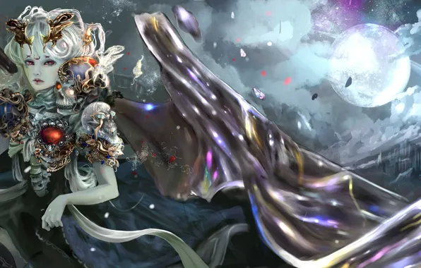 Wallpaper girl, the moon, skull, skeleton, the spine for mobile and ...