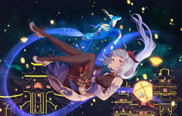 Wallpaper the sky, dragon, flashlight, Genshin Impact, Ganyu for mobile ...