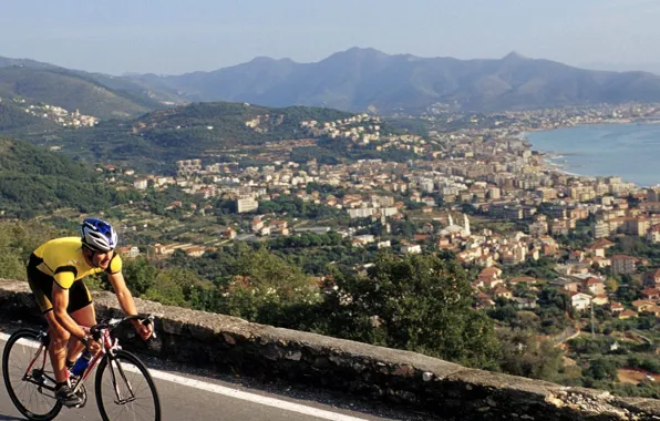 Wallpaper road, sea, the city, sport, cyclist, road bike for mobile and ...