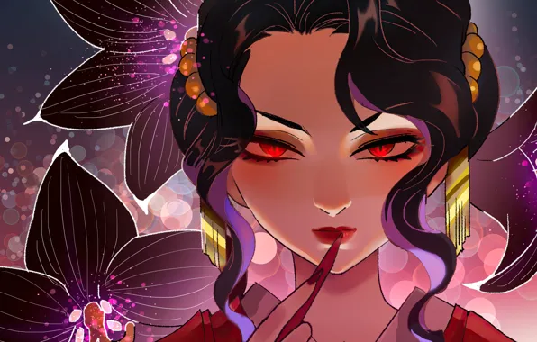 Wallpaper flowers, portrait, anime, brunette, red eyes, anime, Anime ...