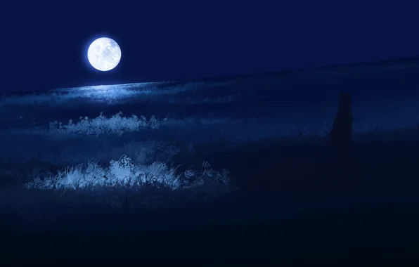 Wallpaper grass, night, the moon, girl for mobile and desktop, section ...