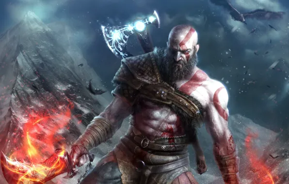 Wallpaper look, weapons, bird, the game, art, beard, axe, Kratos for ...