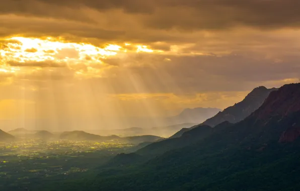 Download wallpaper Nature, Clouds, Landscape, Mountain, Sunshine, Sun between the Clouds ...
