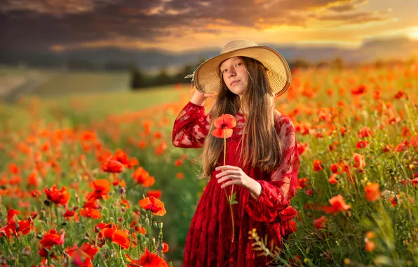 Wallpaper summer, girl, flowers, Maki, dal, hat, girl, red dress for ...