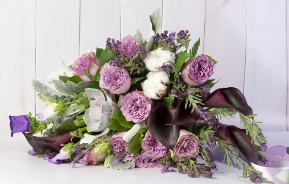 Download wallpaper roses, bouquet, cotton, Calla lilies, section ...