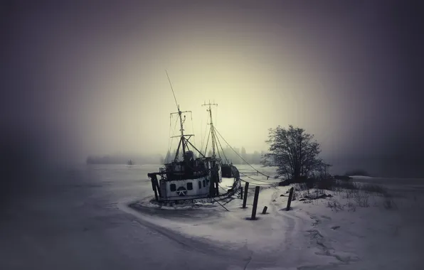 Wallpaper winter, night, fog, river, ship for mobile and desktop ...